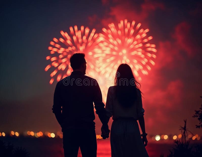A Couple Holding Hands and Watch Fireworks Exploding in the Night Sky ...