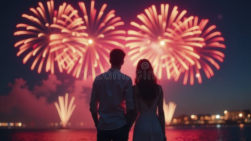 Couple Holding Hands Watching Fireworks Display Over Water at Night ...