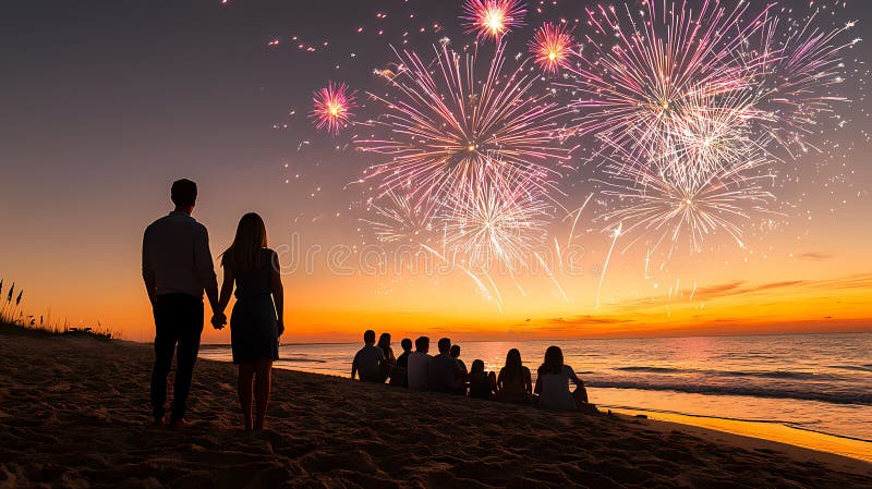 Couple Holding Hands Watching Fireworks Exploding Over the Ocean at ...