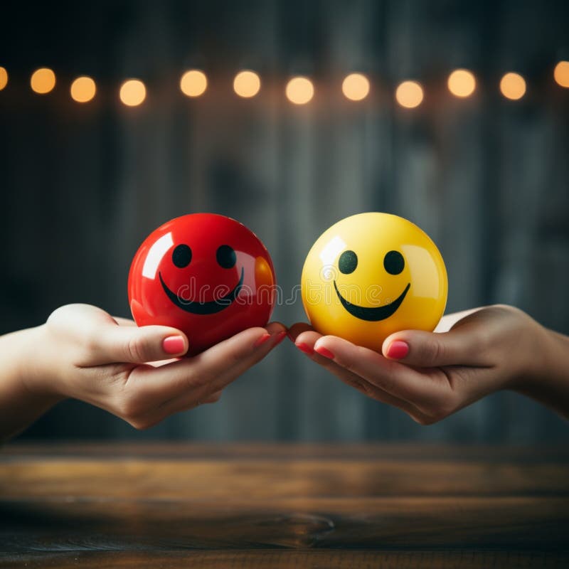 Couple Holding Red and Yellow Smiley Faces, Feedback Stock Illustration ...