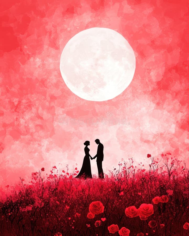 Couple Holds Hands Under Full Moon Surrounded by Roses, Evoking Romance ...