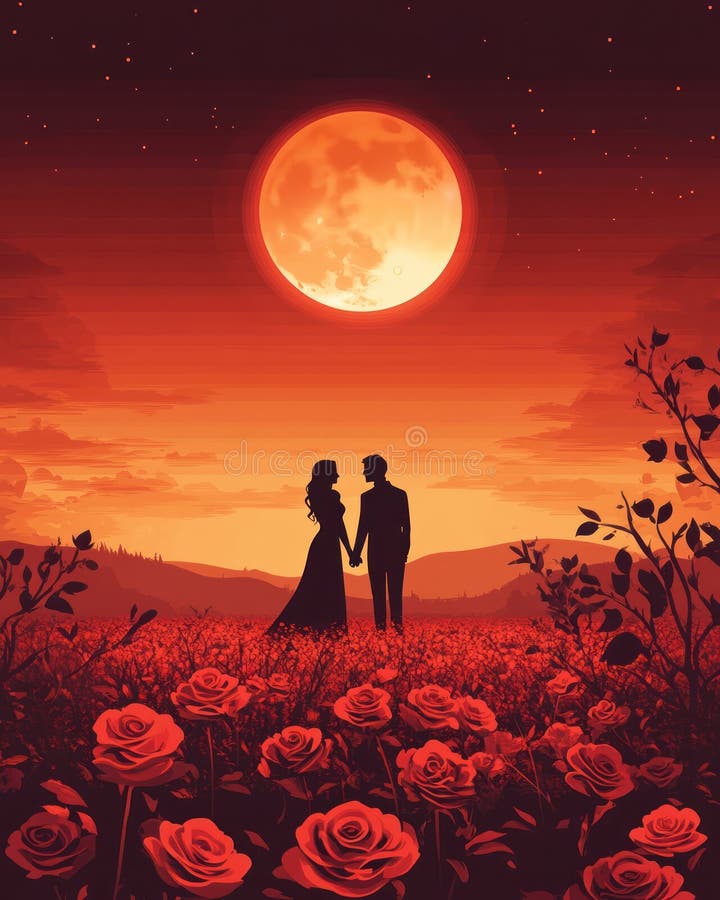 Couple Holds Hands Under Glowing Full Moon in Rose Field Stock Photo ...