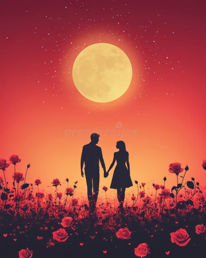 Couple Holds Hands Under Glowing Full Moon Surrounded by Roses ...