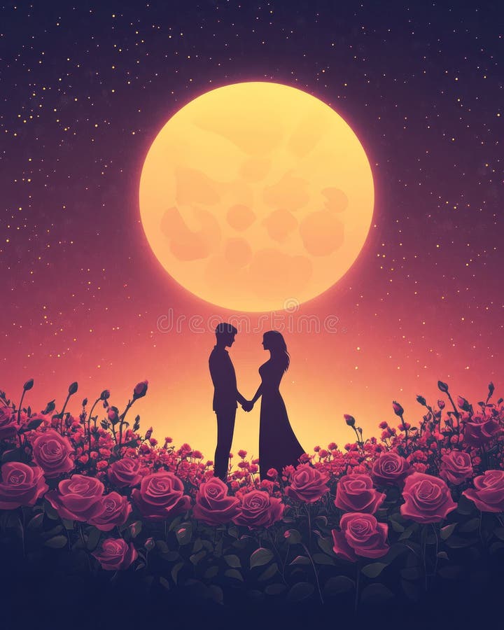 Couple Holds Hands Under Glowing Full Moon Surrounded by Roses ...