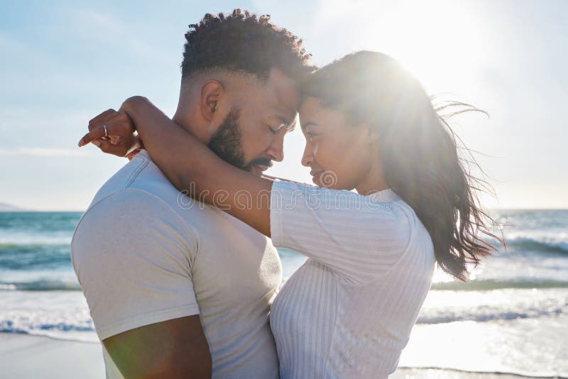 Couple Hug At Beach Love And Travel With Sun And Sea Affection And