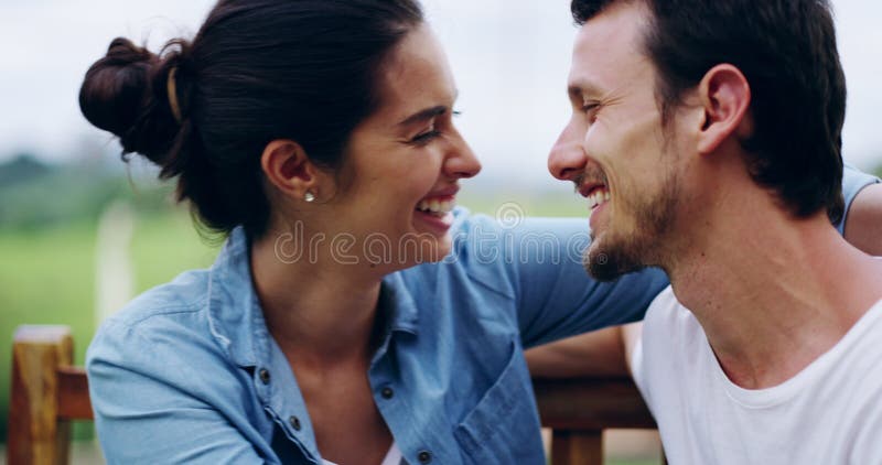 Couple Hug And Smile At Park For Love Romance And Relationship With
