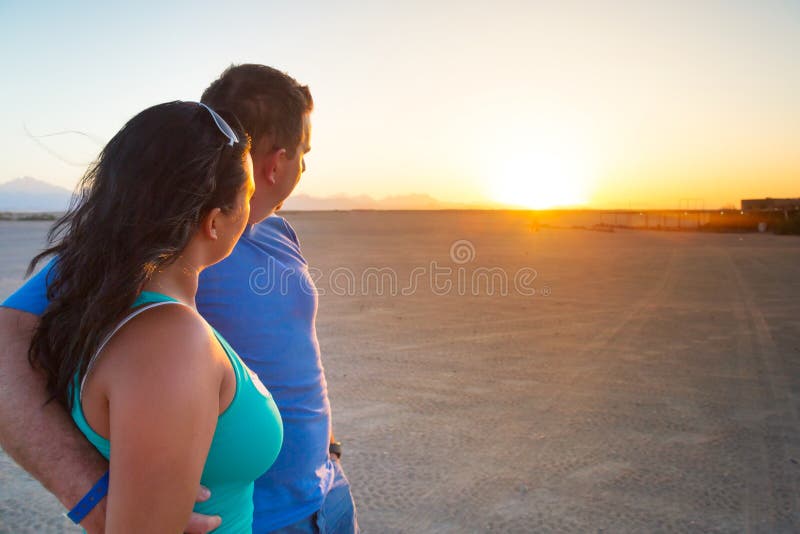 Couple in Hug Watching Together Sunset Stock Image - Image of female ...