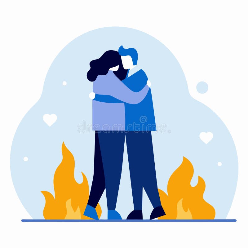 A Couple is Hugging in Front of a Fire Stock Image - Illustration of ...