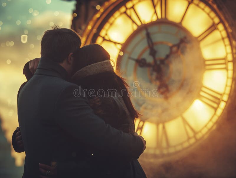 A Couple is Hugging in Front of a Large Clock Stock Photo - Image of ...