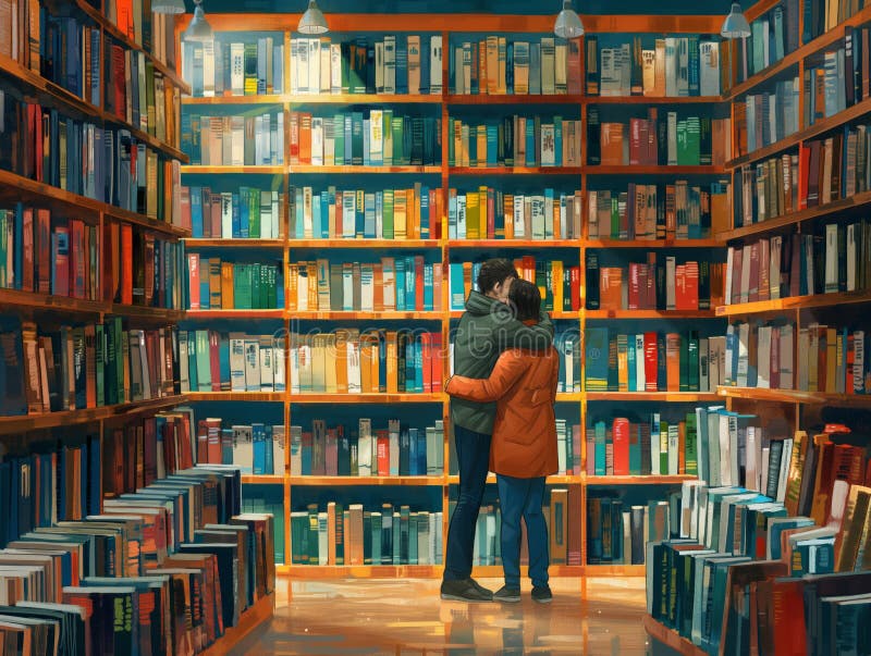 A Couple is Hugging in a Library with Many Books Stock Photo - Image of ...