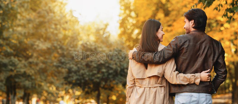 Couple Hugging and Walking by Autumn Park Stock Photo - Image of ...