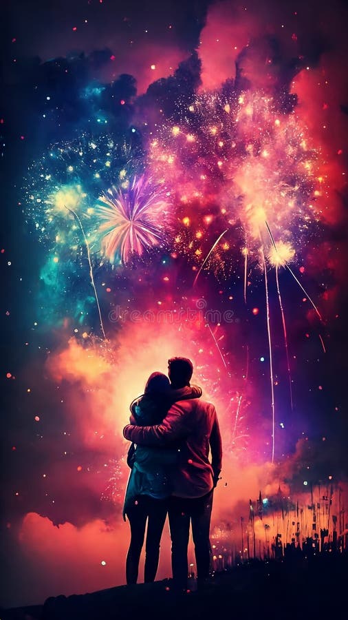 Couple Hugging Watching Fireworks Stock Illustration - Illustration of ...
