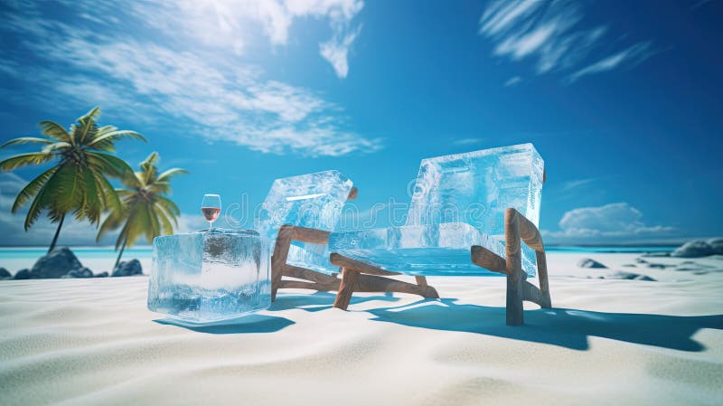 Couple of Ice Deck Chairs on the Beach, Refreshing Concept. Vacation on ...