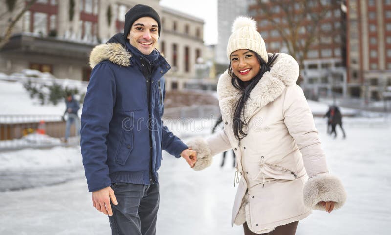 Couple Ice Skating Outdoors on a Winter Day Stock Photo - Image of ...