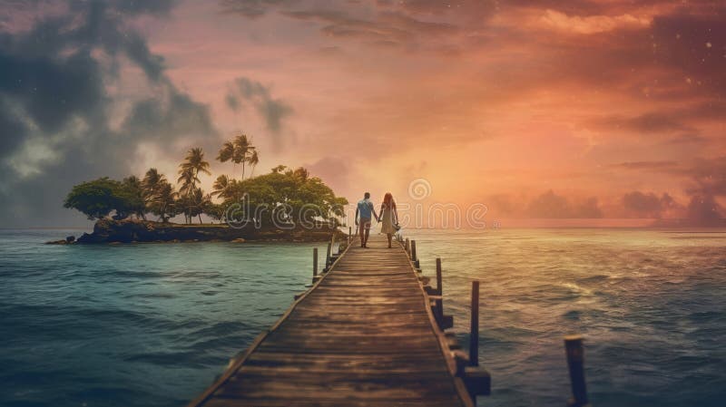 A Couple on the Jetty of a Tropical Beach Back View. Generative AI ...