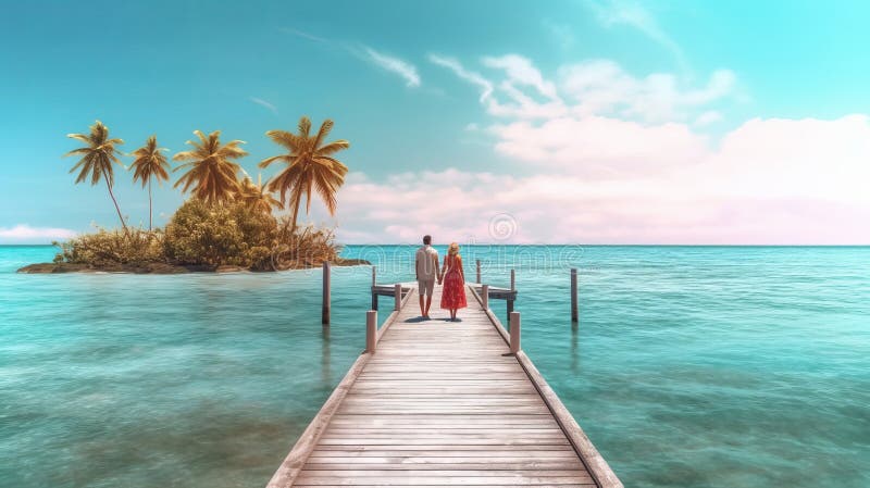 A Couple on the Jetty of a Tropical Beach Back View. Generative AI ...