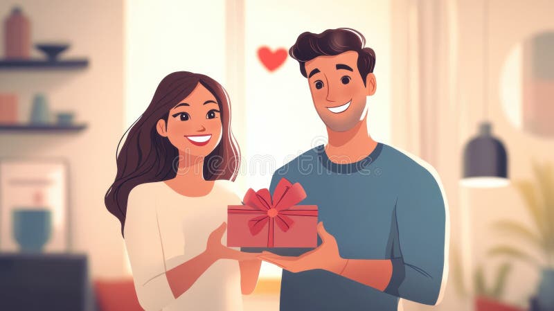 Couple Joyfully Presenting a Gift in a Cozy Interior Setting Stock ...