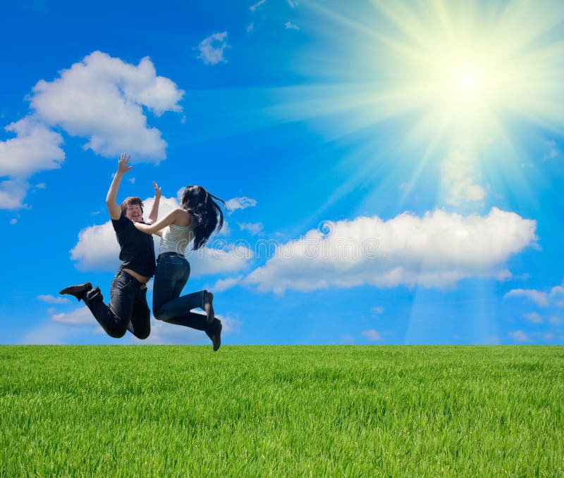 Couple jump stock image. Image of lifestyle, field, activity - 9542189