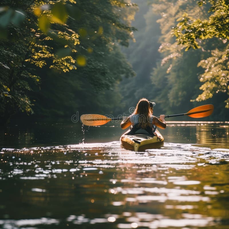 Couple Kayaking Down a River at Sunset Stock Image - Image of leisure ...