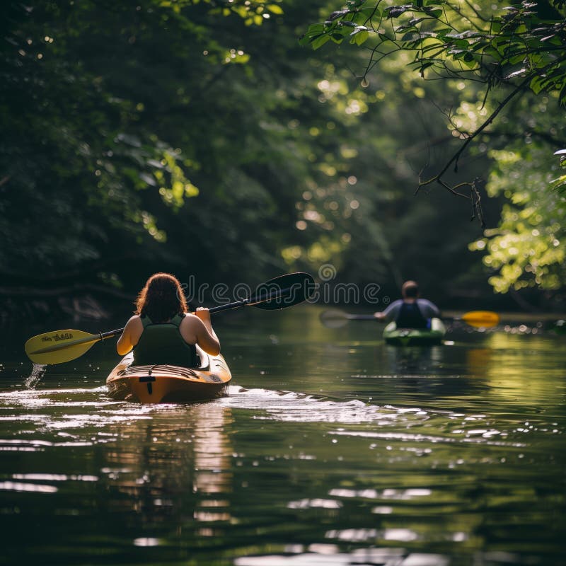 Couple Kayaking Down a River at Sunset Stock Photo - Image of ...