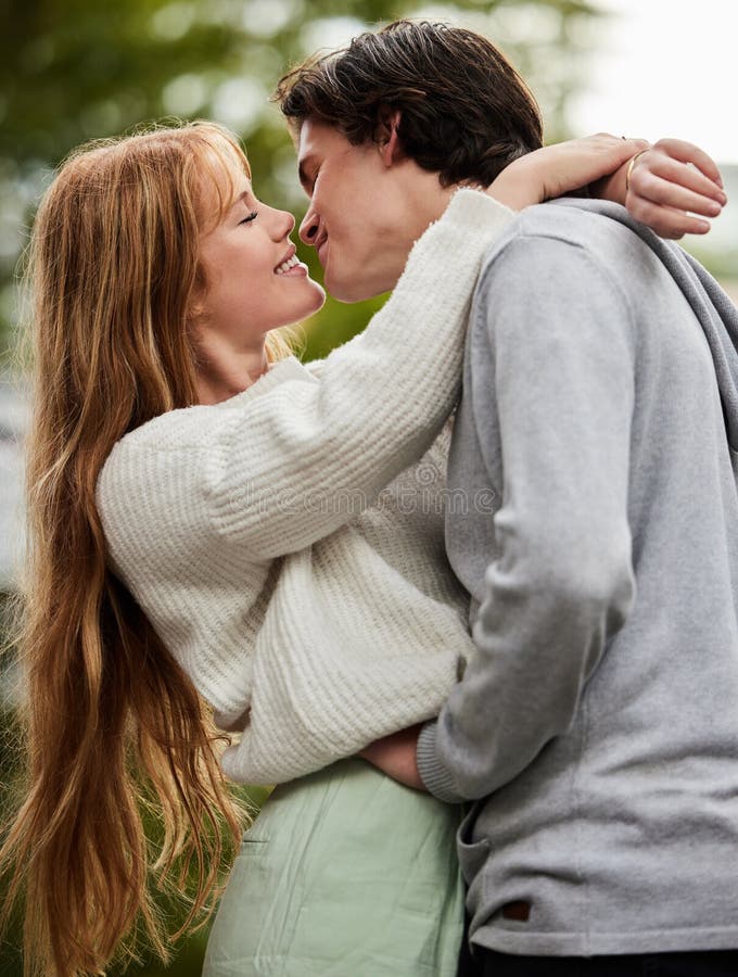Couple Kiss Outdoor Hug With Love And Commitment In Relationship