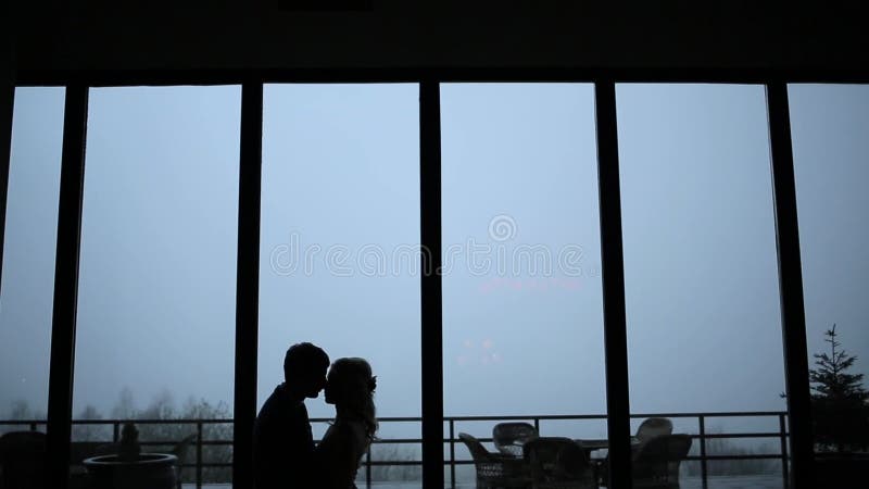 Couple Kissing on the Background of Big Panoramic Windows and Fog Stock ...