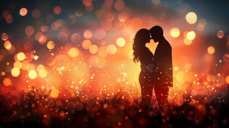 A Couple Kissing in Front of a Field with Lights, AI Stock Illustration ...