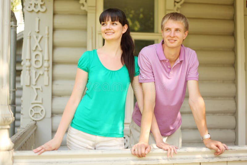 Couple Pose on Terrace Village House Stock Photo - Image of outdoor ...