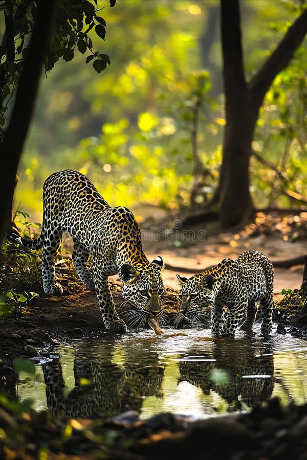 A Couple of Leopards Drinking Water from a Pond in the Woods Stock ...