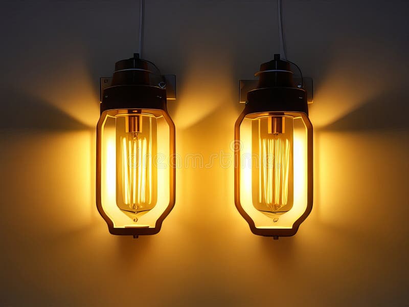 A Couple of Lights that are on a Wall, Ambient Amber Light. Stock ...