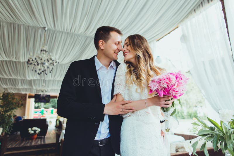 Couple in Love in a Cafe Laughing and Hugging Stock Photo - Image of ...
