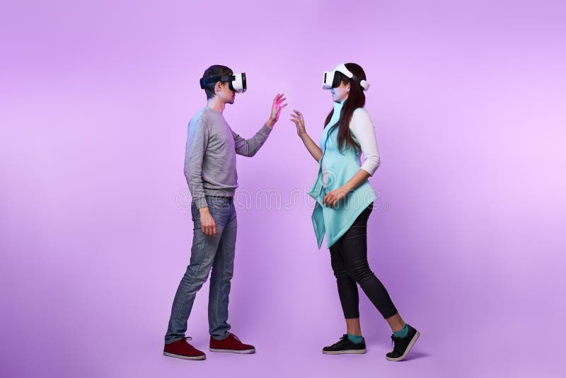 Couple in Love Communicate Using a Virtual Reality Headset. Stock Image ...