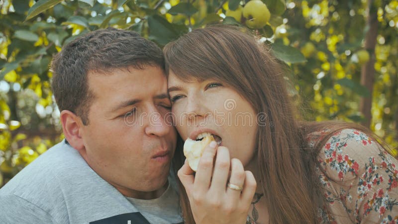 A Couple in Love Eating Apples in the Orchard. Stock Image - Image of ...