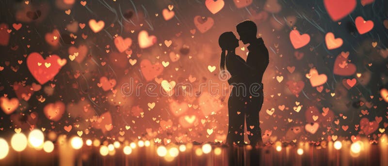 Couple in Love Embracing, Surrounded by Floating Hearts Stock ...