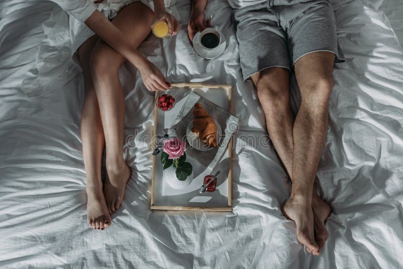 Couple In Love Having Breakfast In Bed Stock Photo - Image of casual ...