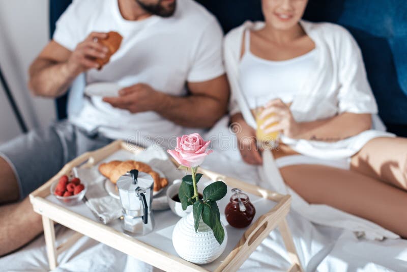 Couple in Love Having Breakfast in Bed Stock Image - Image of adult ...