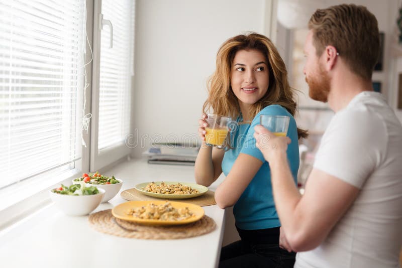 Couple in Love Having Breakfast at Home Stock Photo - Image of ...