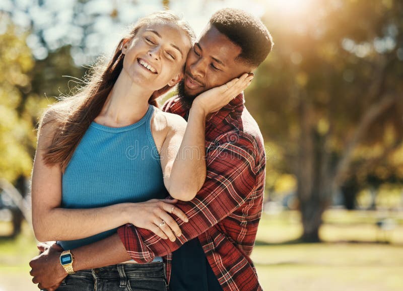 Couple Love And Hug Outdoor Park And Happy Smile Romance And Relax