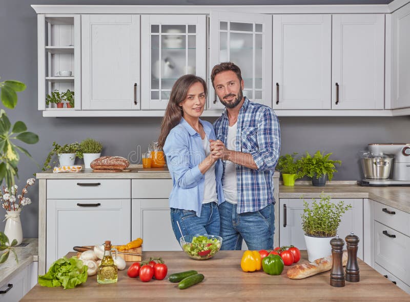 Couple in Love in the Kitchen Stock Image - Image of dancing, care ...