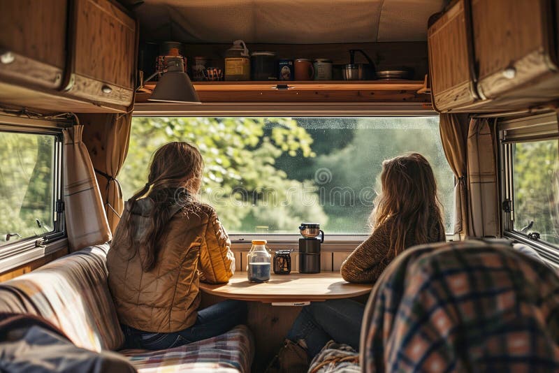 A Couple in Love Looks from Inside a Caravan through the Window and ...