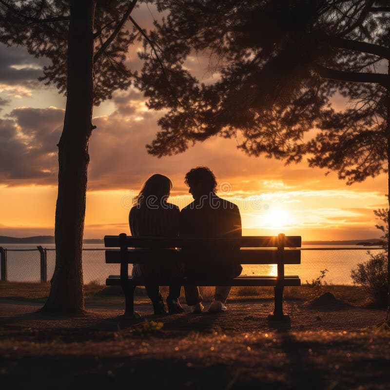 Couple in Love Sitting on a Park Bench at Sunset Stock Image - Image of ...