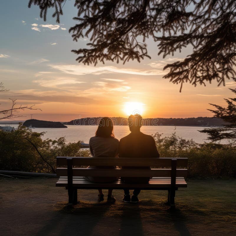 Couple in Love Sitting on a Park Bench at Sunset Stock Photo - Image of ...