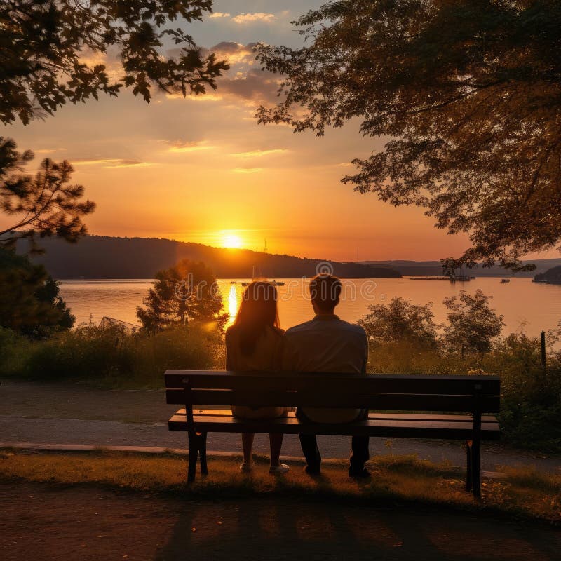 Couple in Love Sitting on a Park Bench at Sunset Stock Photo - Image of ...