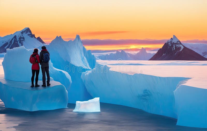 A Couple in Love Standing on an Ice Floe among the Ice and Admiring the ...