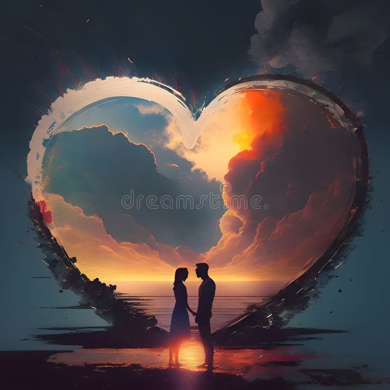 A Couple in Love Standing in the Middle of a Heart with a Sunset View ...