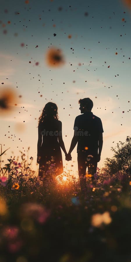 Couple in Love at Sunset, Romantic Silhouette Stock Illustration ...