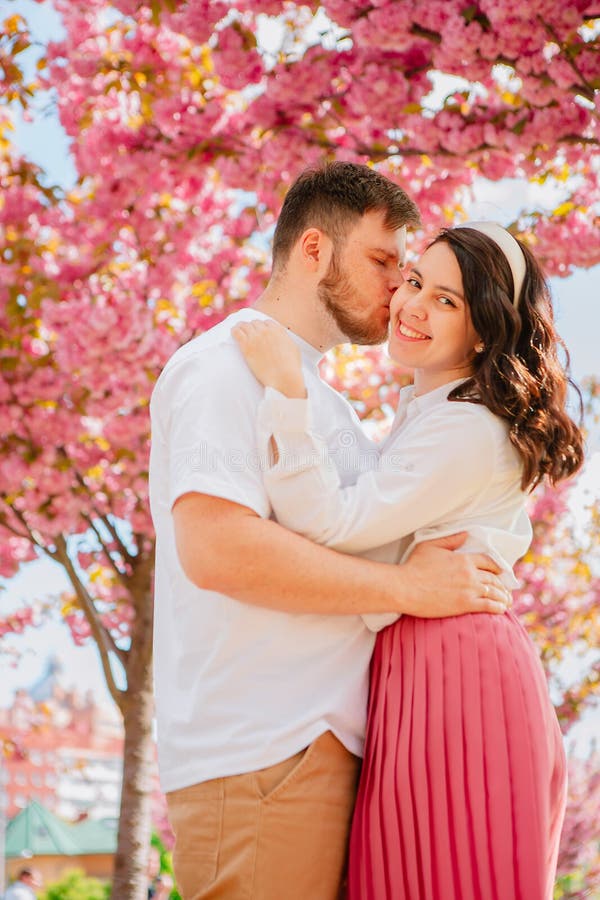 Couple Lovers Under Blooming Sakura Tree Stock Photo - Image of ...