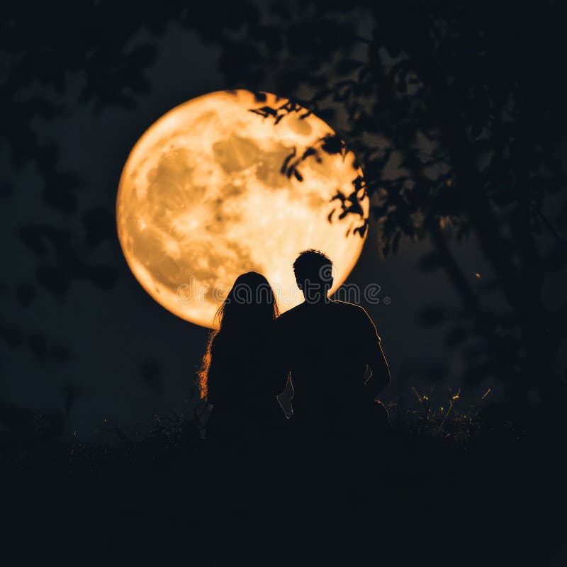 A Couple of Lovers are Watching the Full Moon Stock Illustration ...