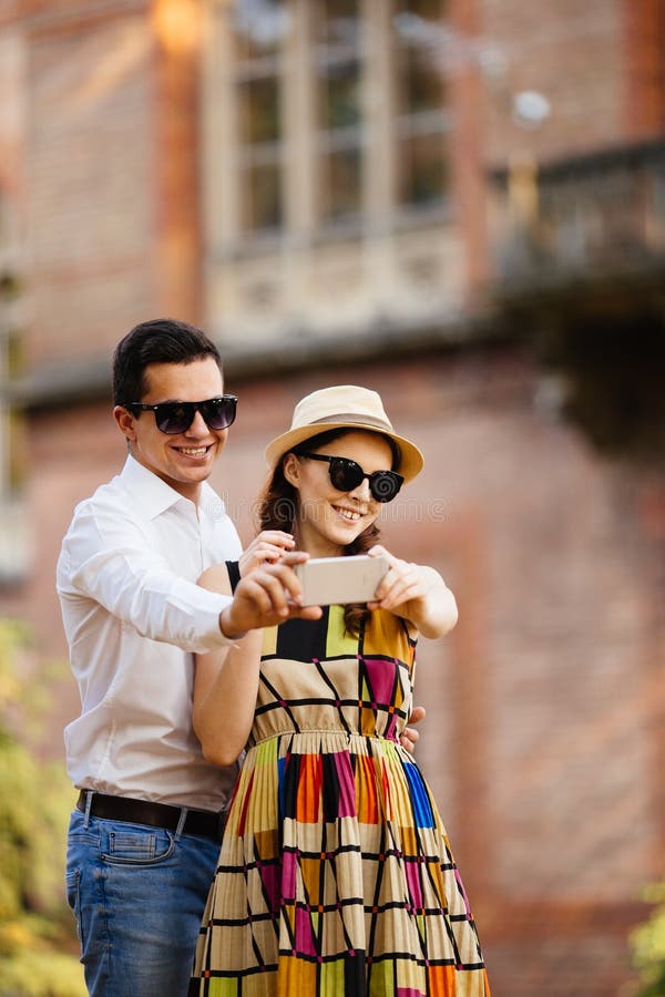 Couple Making Selfie on Camera while Standing Outdoors Stock Image ...