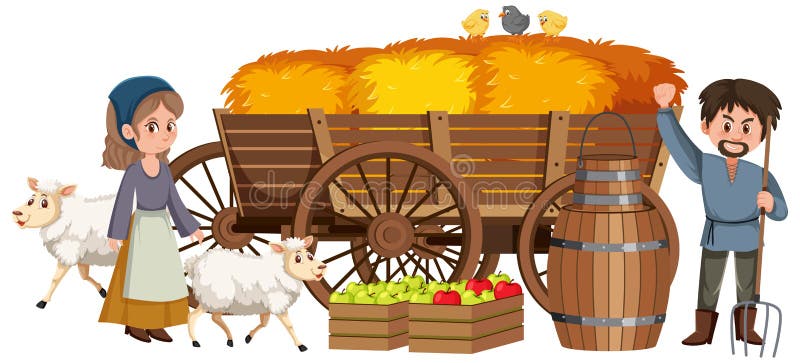 Couple Medieval Peasants with Haystack in a Cart Stock Illustration ...